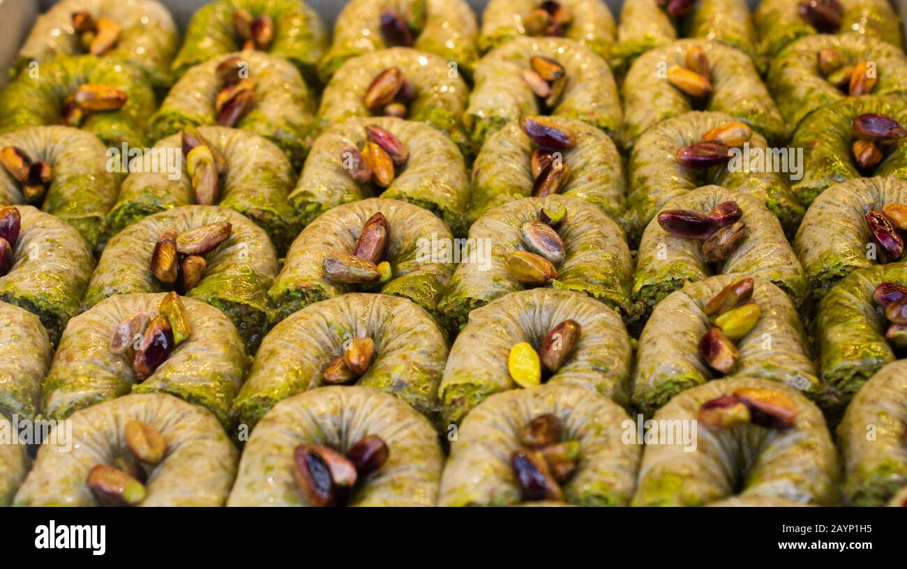 Traditional Turkish dessert Baklava in tray from Istanbul Turkey Stock ...
