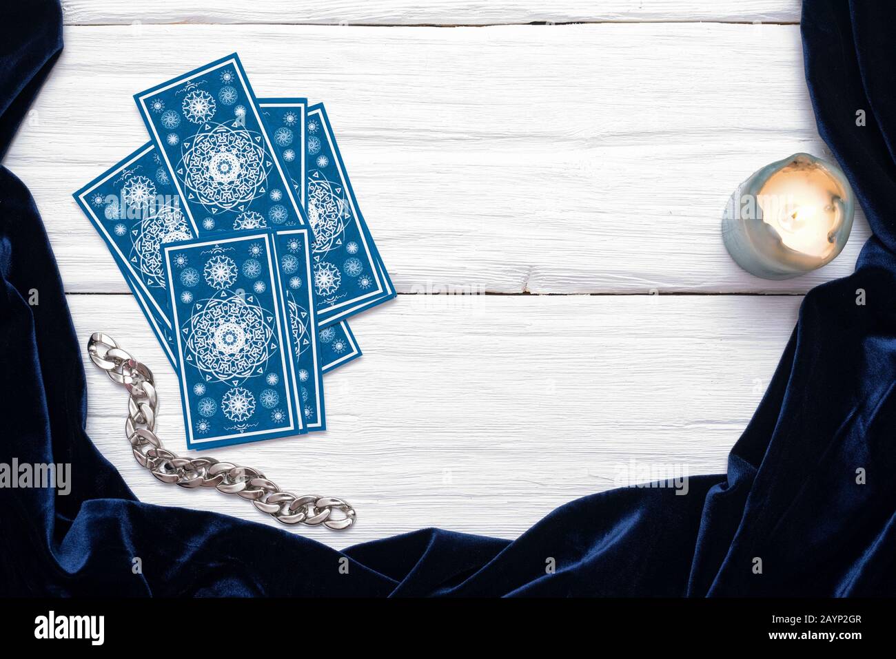 Blue tarot cards on white table background with copy space Stock Photo ...