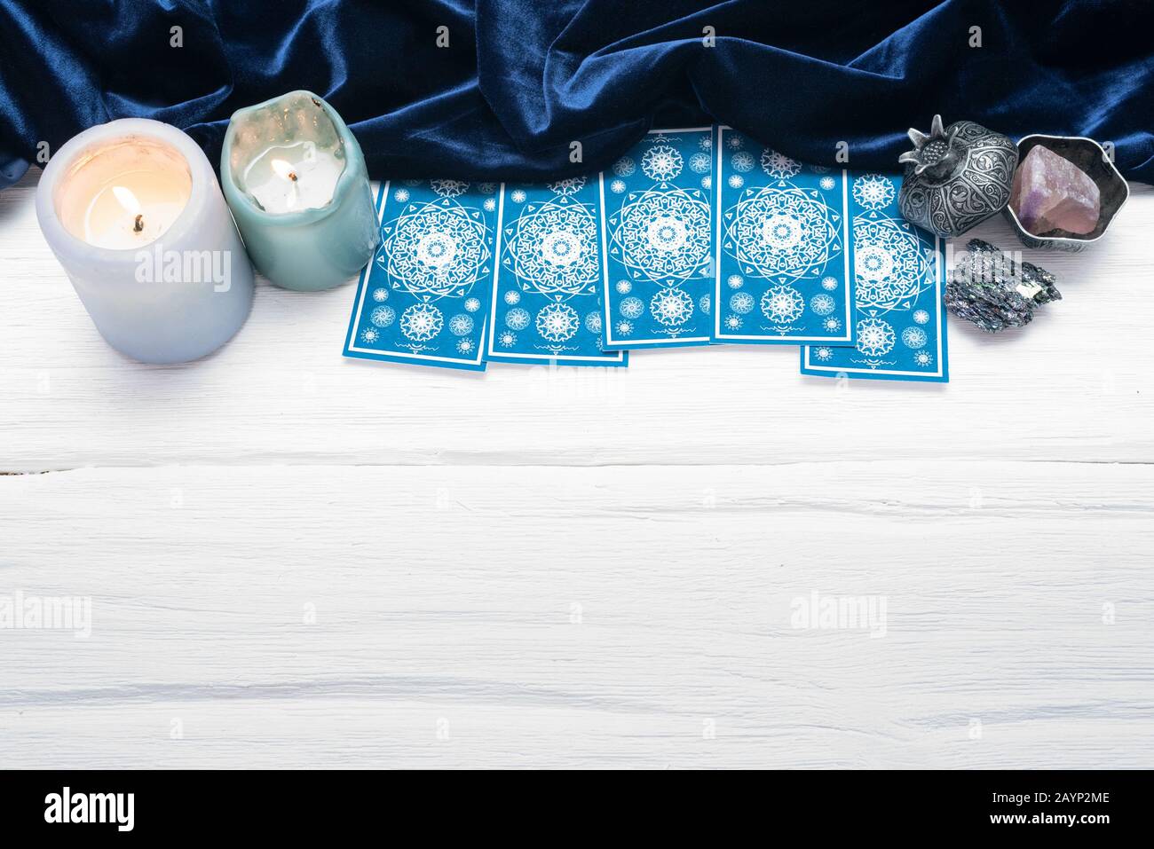 Blue tarot cards on white table background with copy space Stock Photo ...