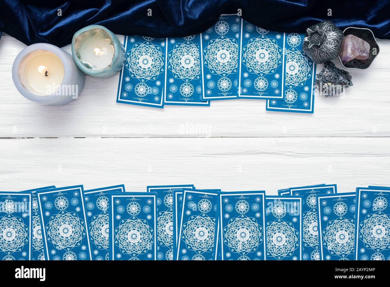 Blue tarot cards on white table background with copy space Stock Photo ...