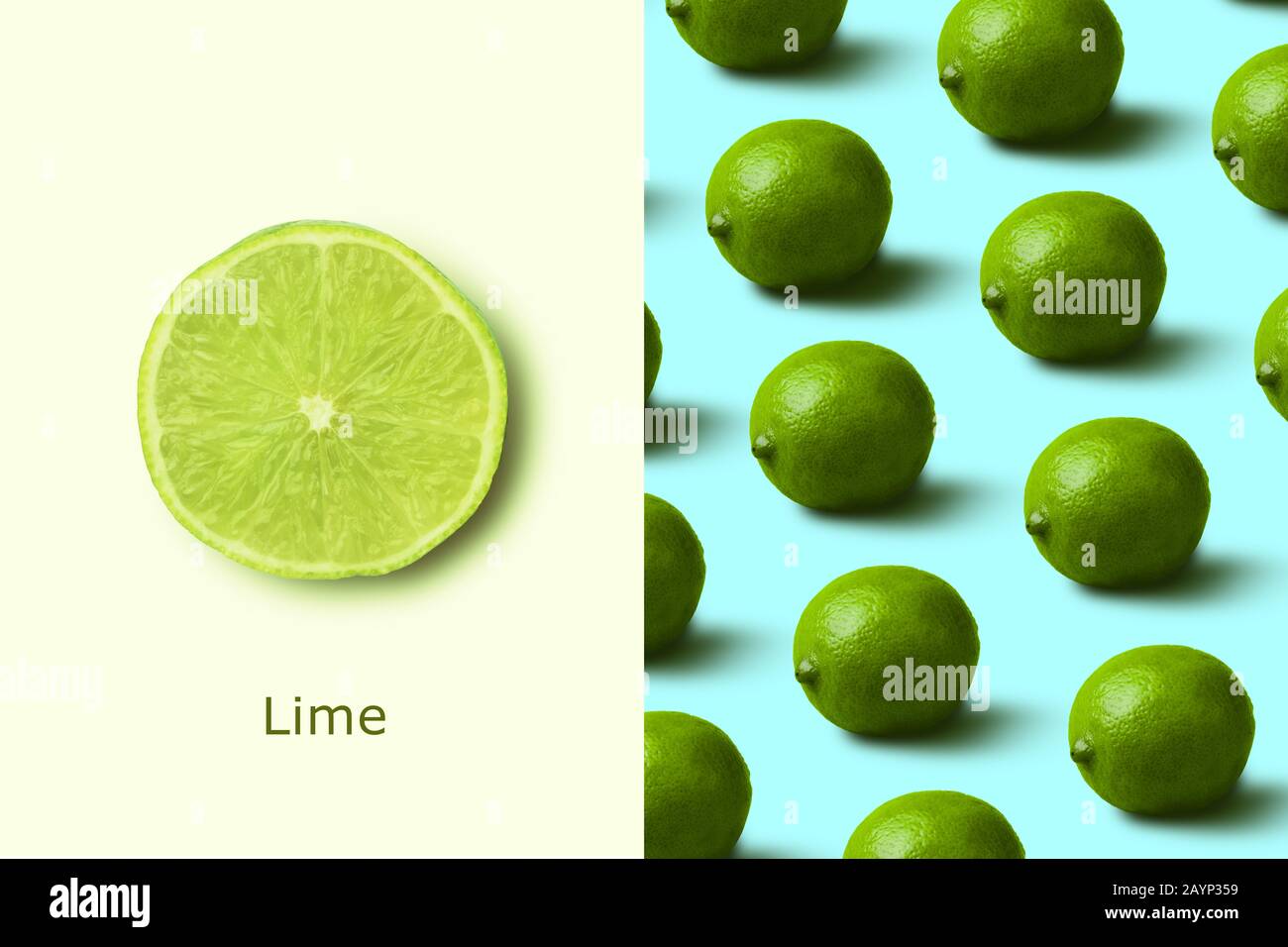 Creative layout made of lime pattern over blue background. Flat lay ...