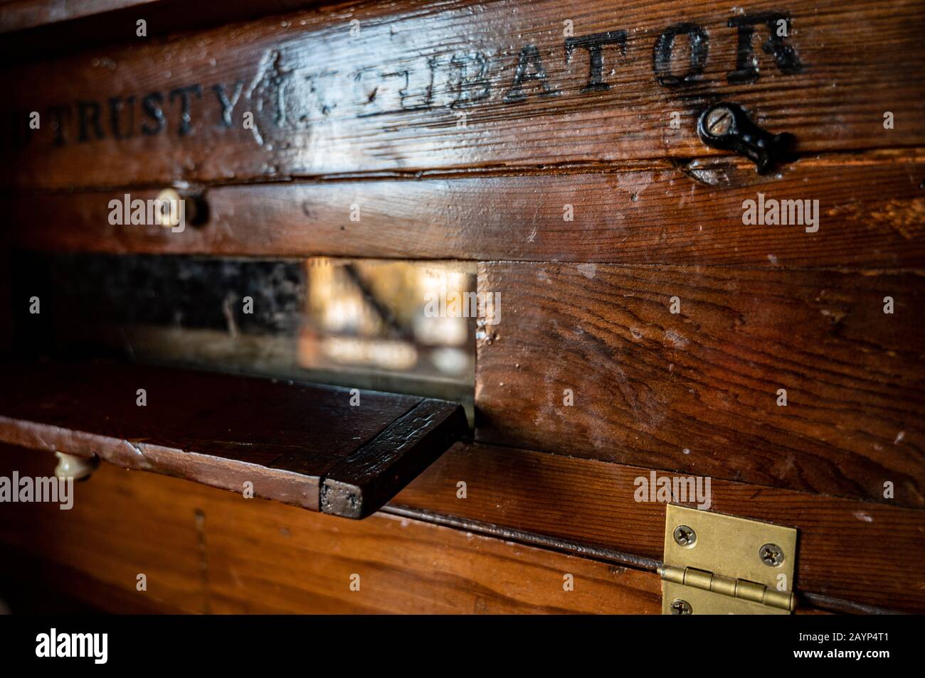 Antique wooden old trusty incubator with viewing window and metal ...