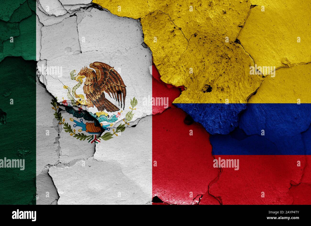 flags of Mexico and Colombia painted on cracked wall Stock Photo - Alamy