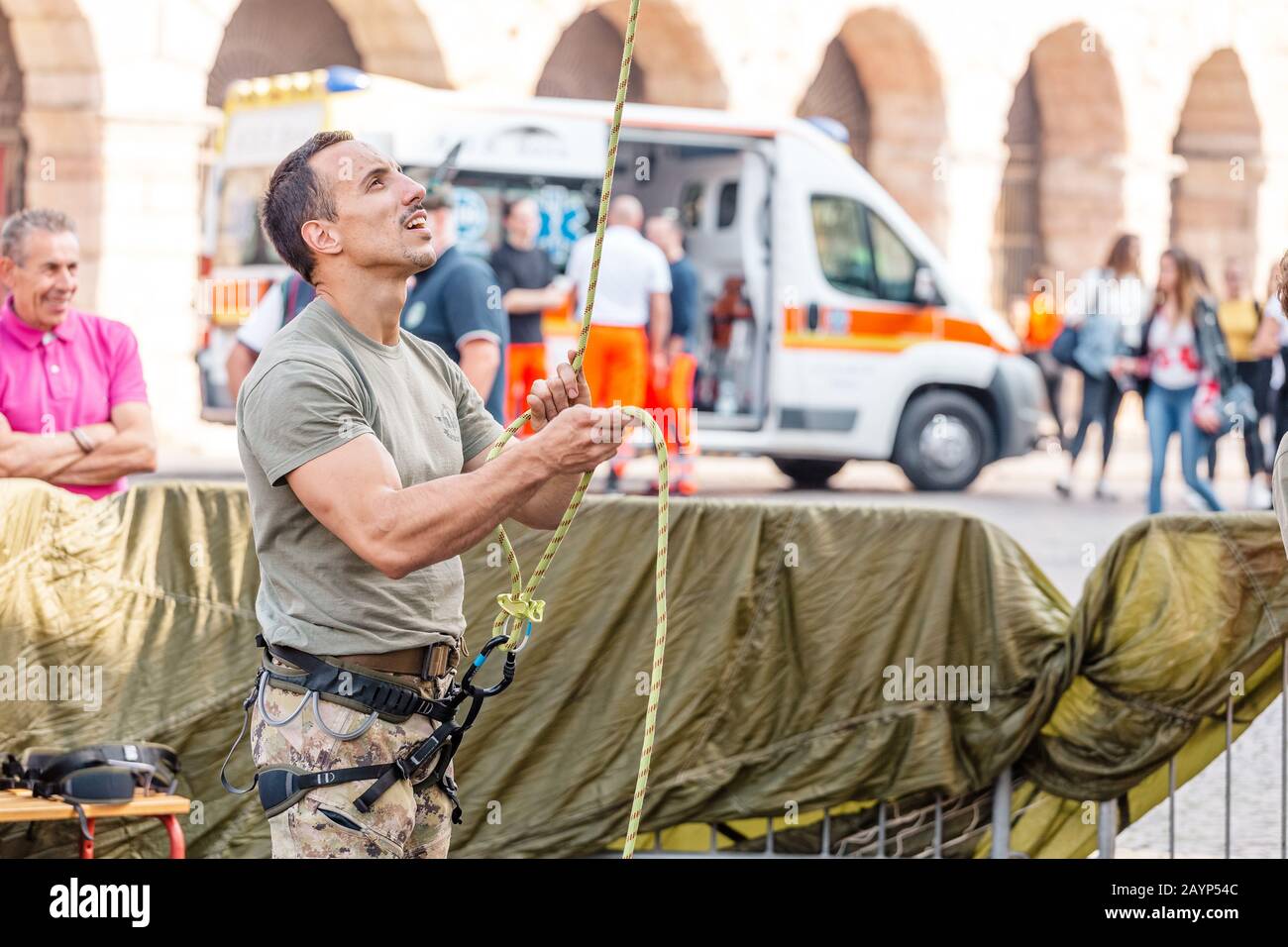 20 OCTOBER 2018, VERONA, ITALY: Hero man rescuer making a rescue ...