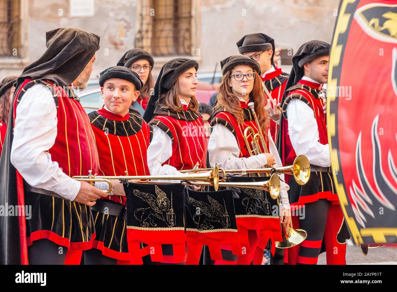 20 OCTOBER 2018, VERONA, ITALY: musicians playing pipes and trumpets ...
