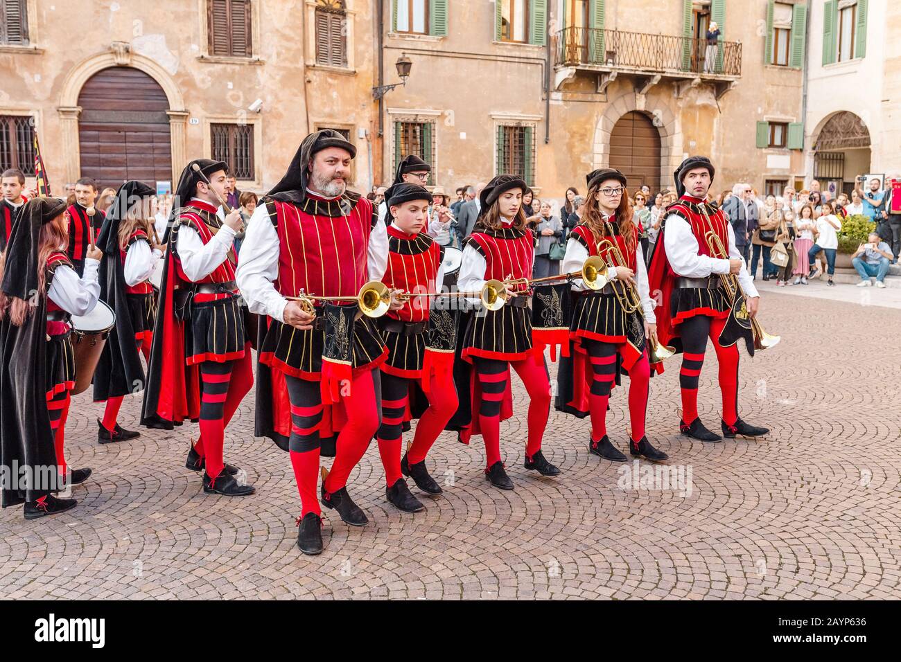 20 OCTOBER 2018, VERONA, ITALY: musicians playing pipes and trumpets ...