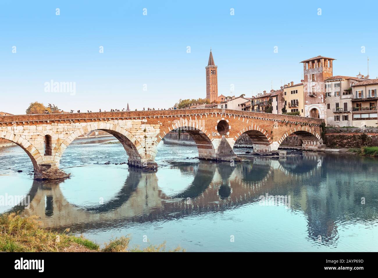 Panoramic cityscape view of Verona old town and bridge over Adige river ...