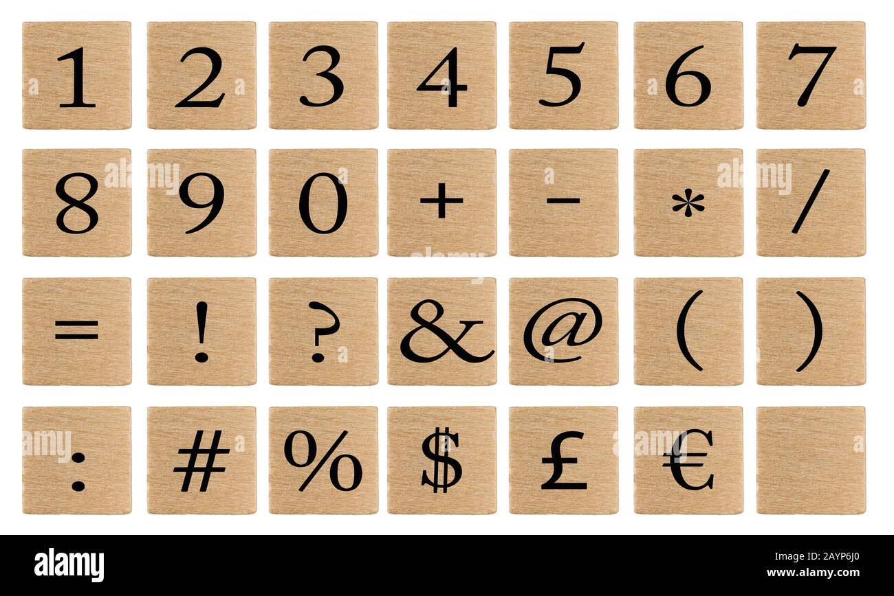 Numbers and symbols on wooden tiles isolated on white background Stock ...