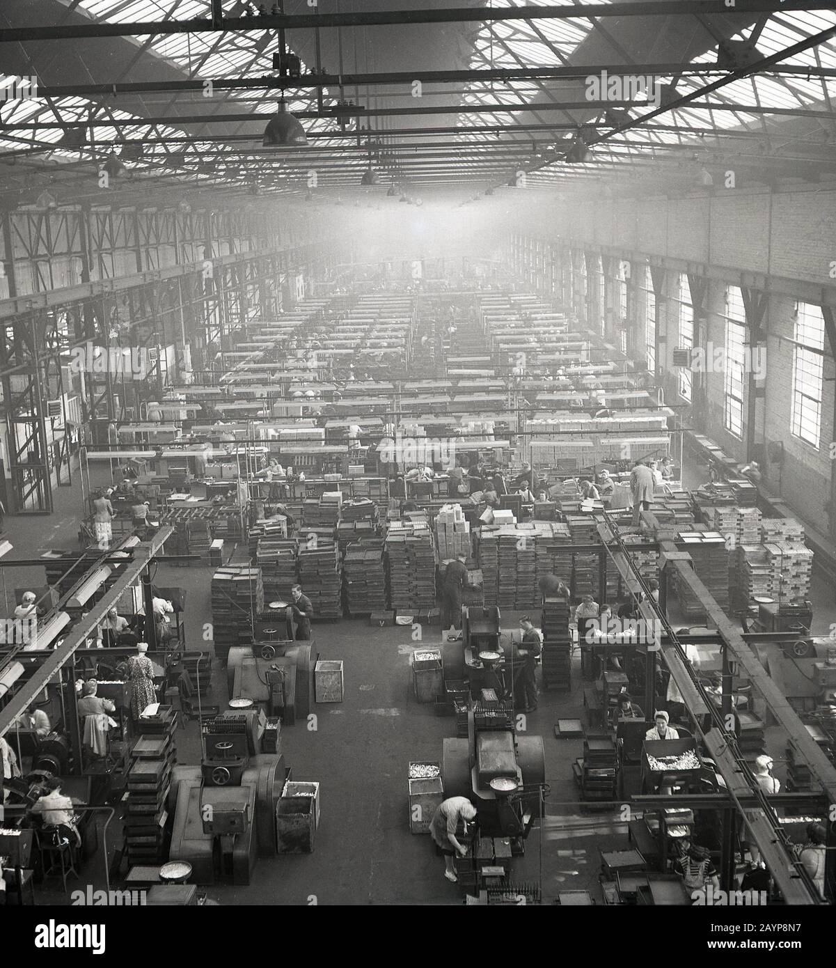 1950s, historical, a view from above looking over the workers and ...