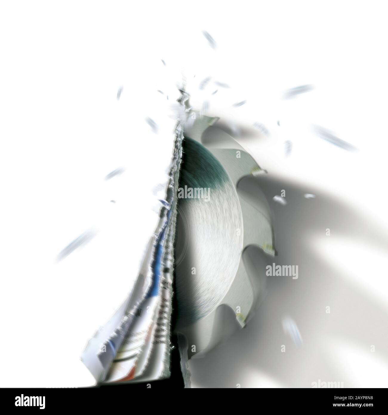 Circular saw cutting through paper. Magazine cut. White background ...