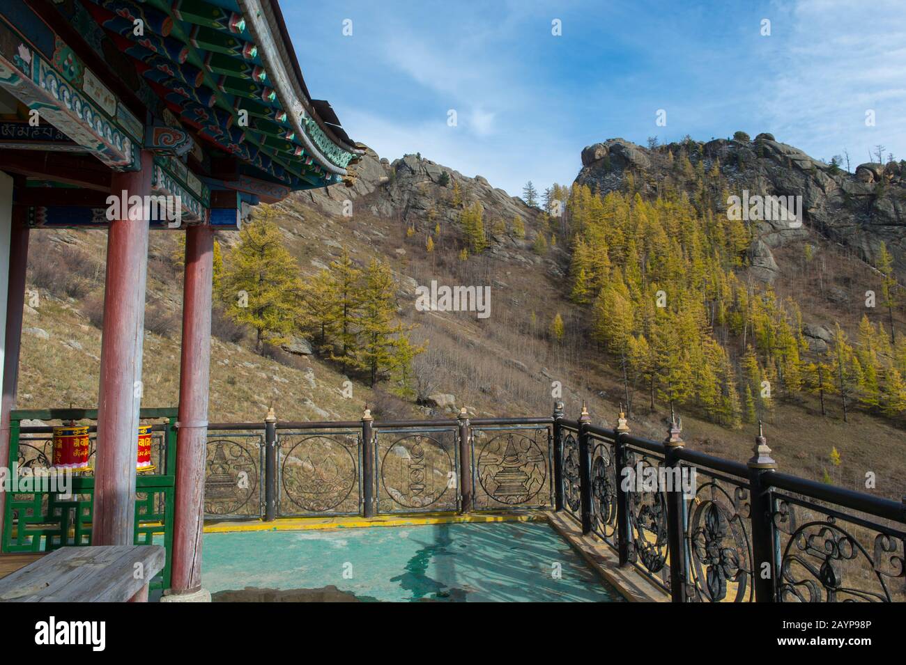 The Ariyabal Meditation temple on a hillside in Gorkhi Terelj National ...