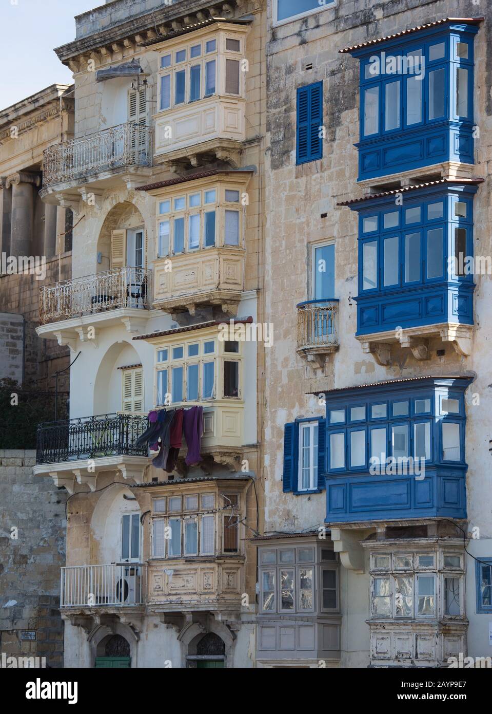 Famous colorful wooden balconies in narrow streets of Malta, Valleta ...