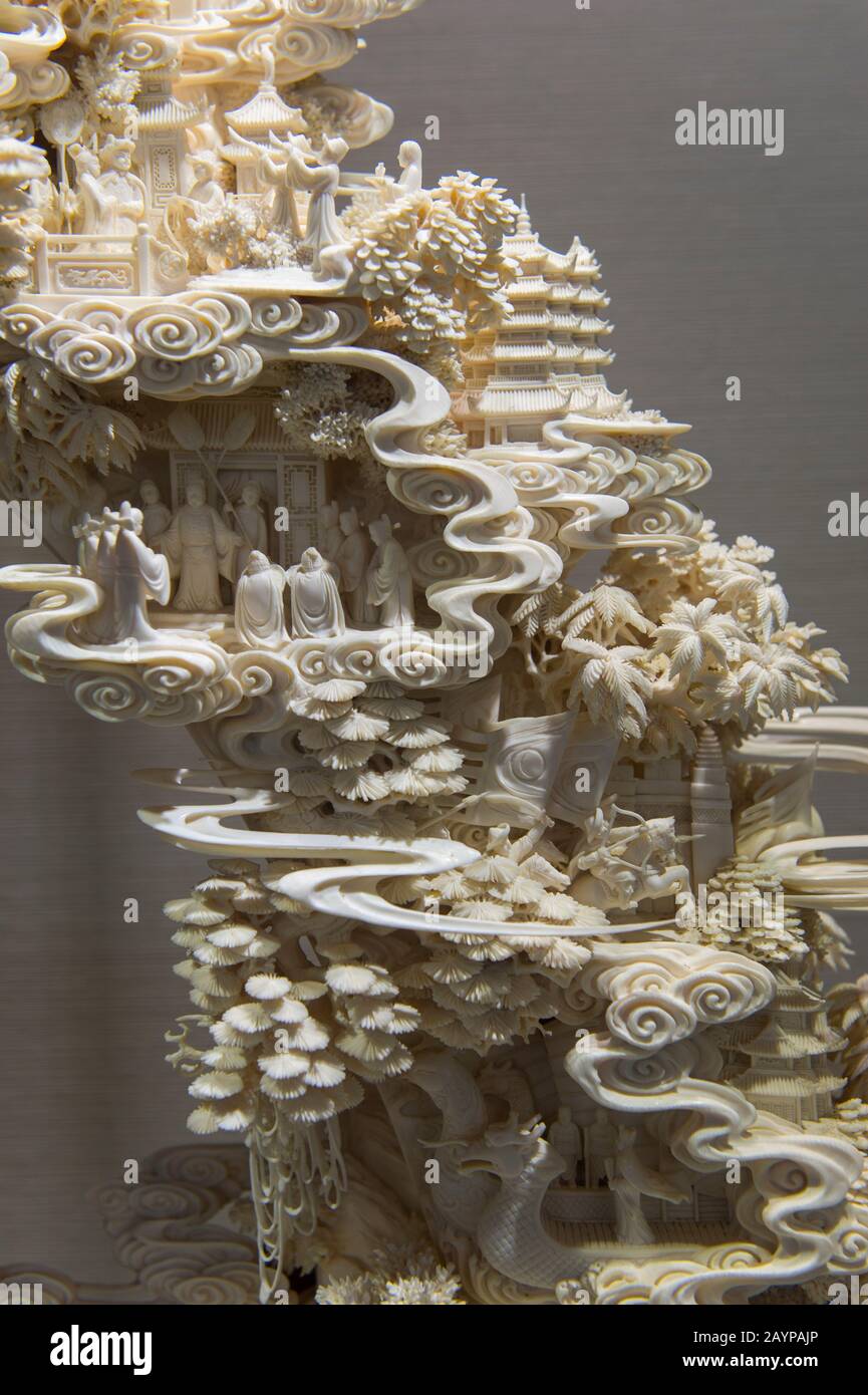 A carved elephant tusk in the exhibit at the Narukawa Art Museum in the ...