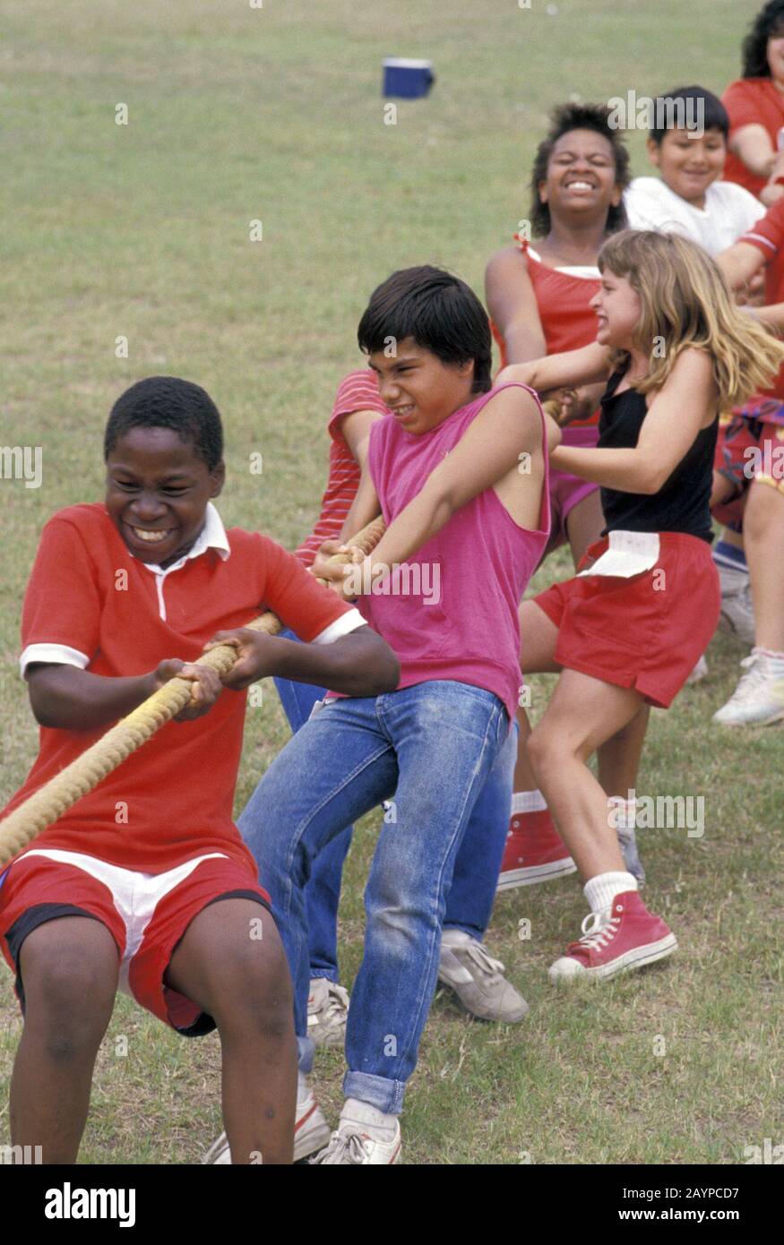 Fifth and sixth grade students participate in tug-of-war during ...