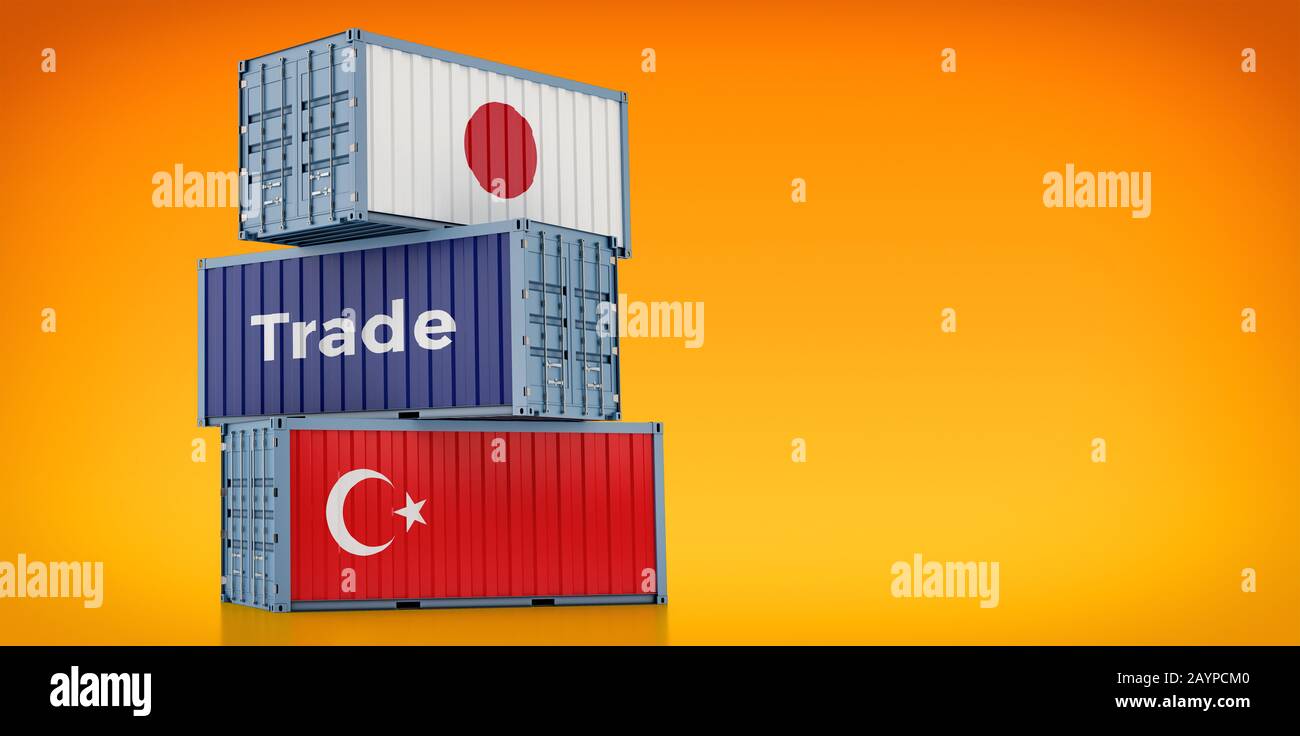 Freight container with Japan and Turkey flag. 3D Rendering Stock Photo ...