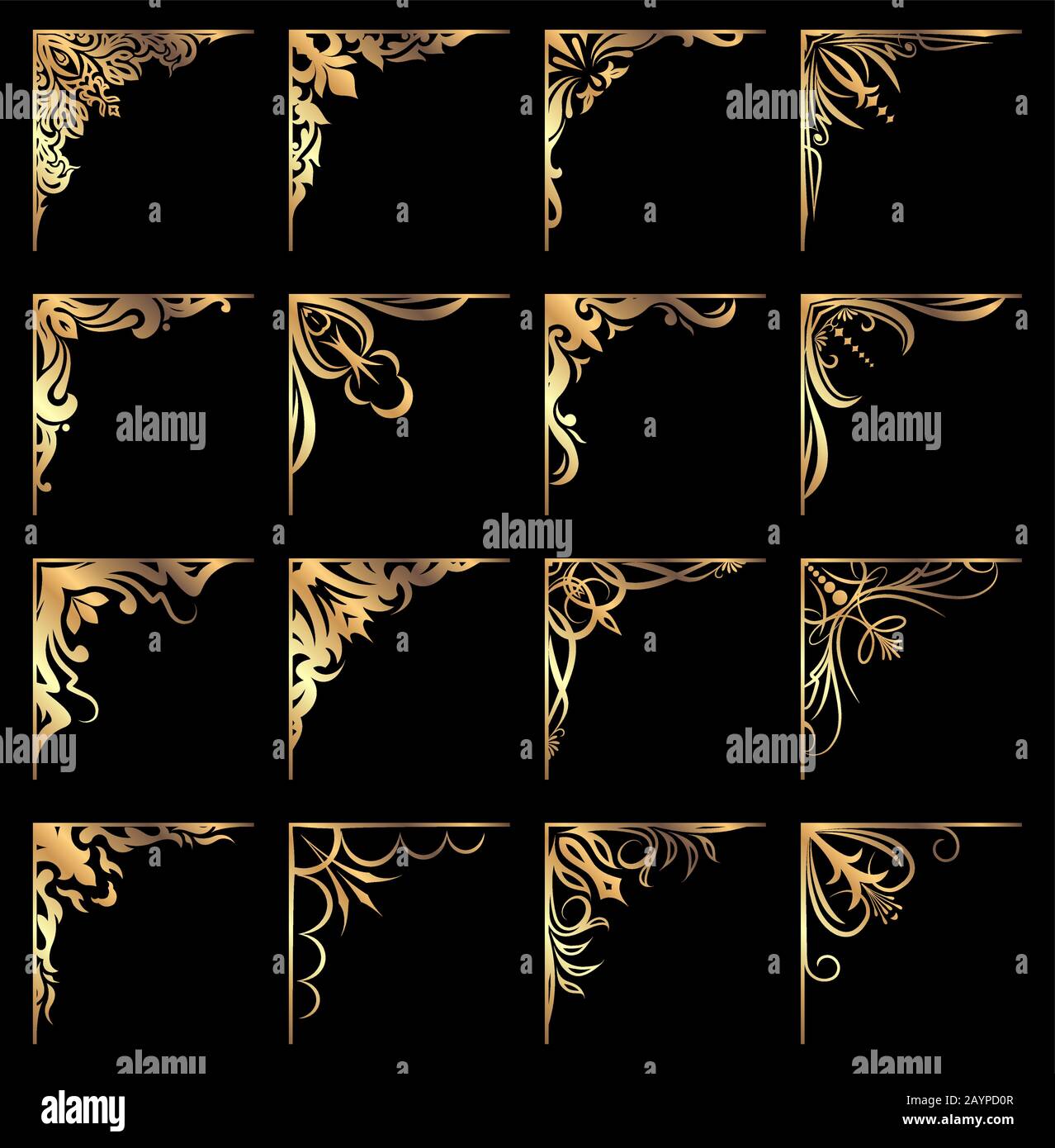 Big set of gold vector corners on a black background Stock Vector Image ...