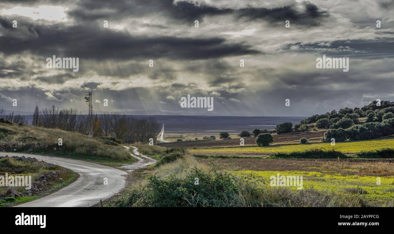 Beautiful nature landscape with dramatic sky, Spring forest and meadows ...