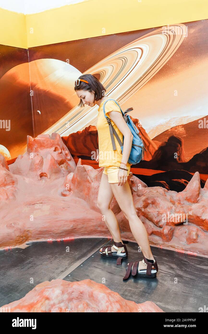 01 JULY 2018, UFA, RUSSIA: Woman in space museum experiencing high ...