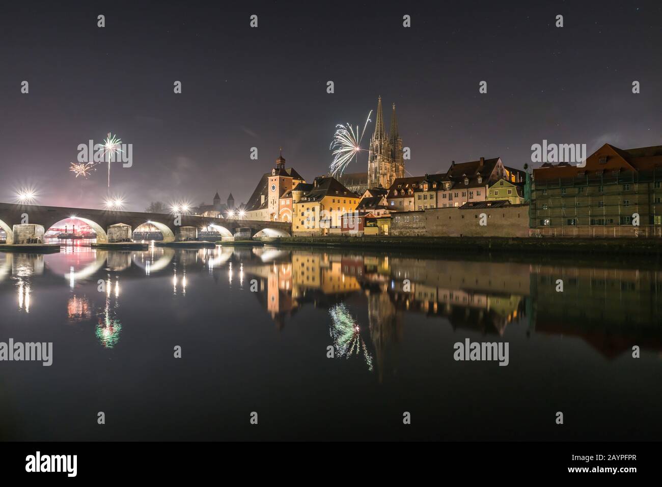 New Year's Eve fireworks in Regensburg with view of the cathedral and ...