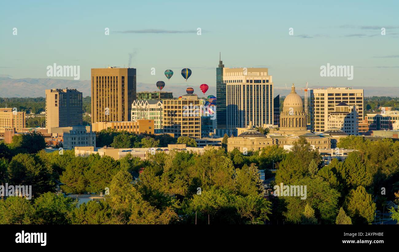 Boise Idaho skyline with balloons taking off into flights Stock Photo ...