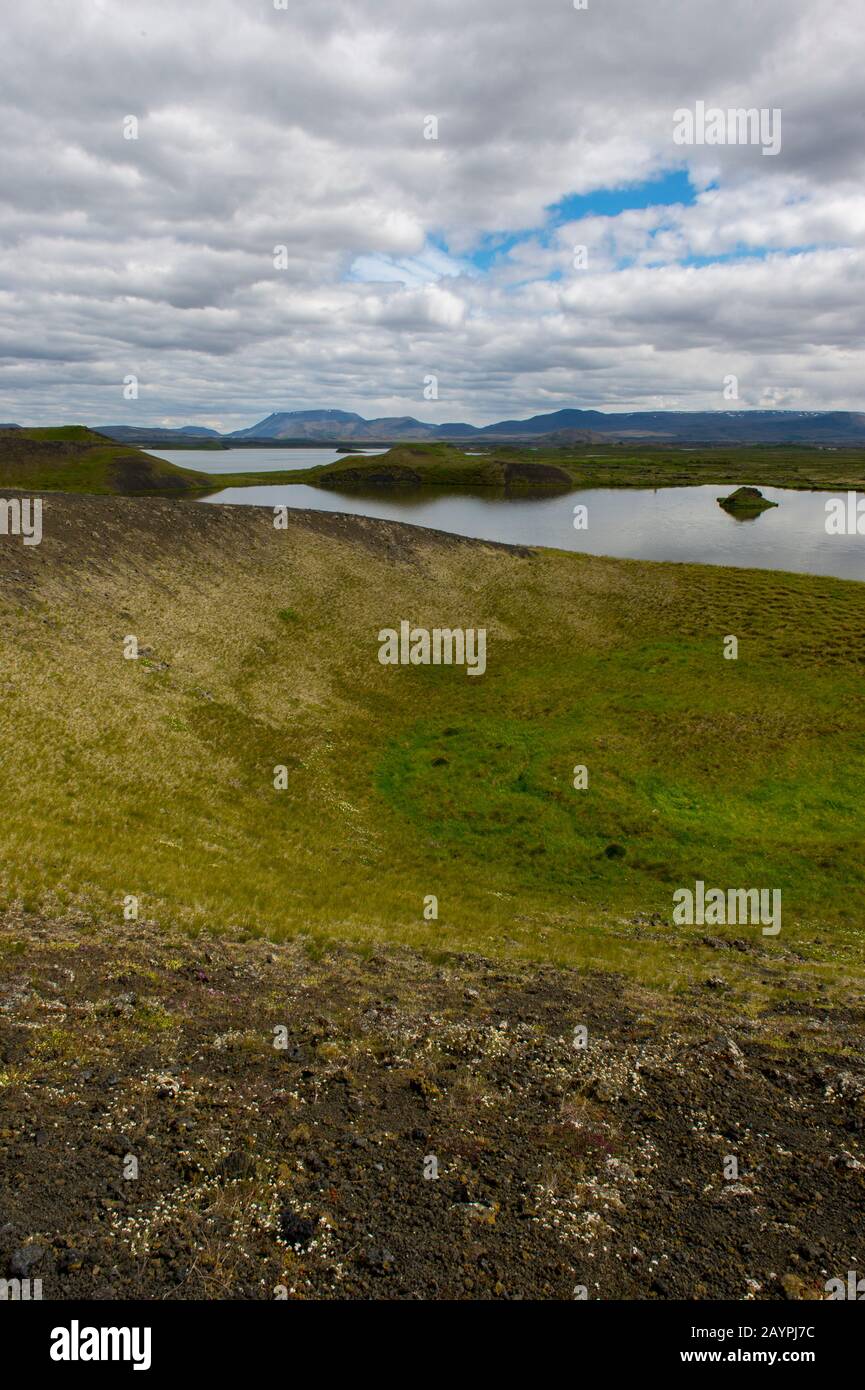The pseudocraters (rootless cones) at Skutustadagigar on Lake Myvatn in ...