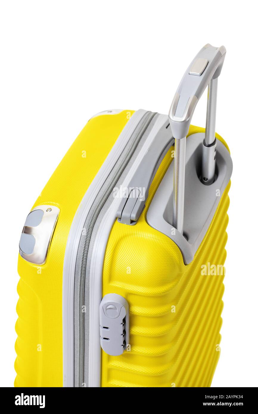 Modern yellow suitcase isolated on white. Travel baggage and tourism ...