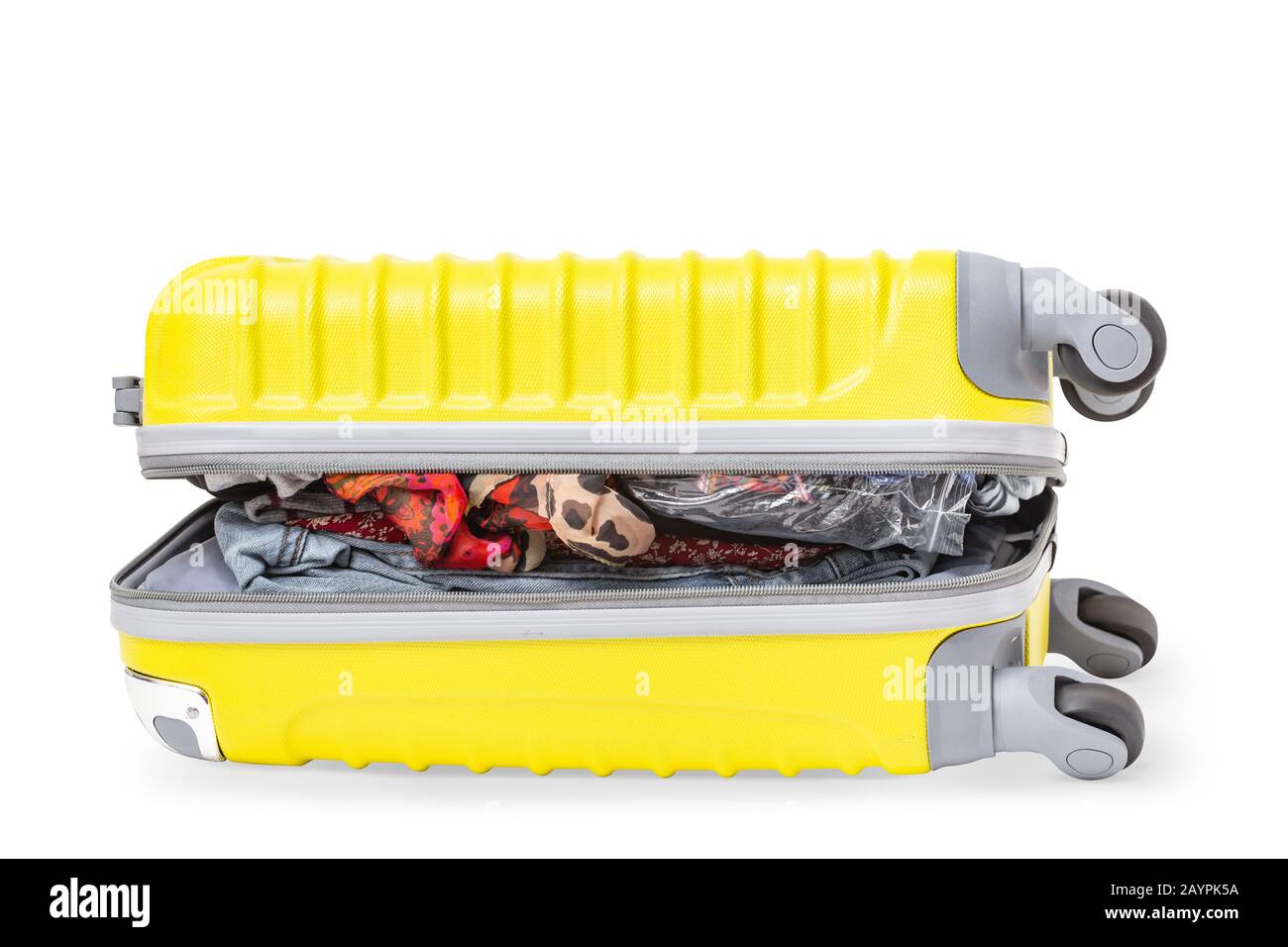 Isolated open suitcase with lots of clothes inside Stock Photo - Alamy