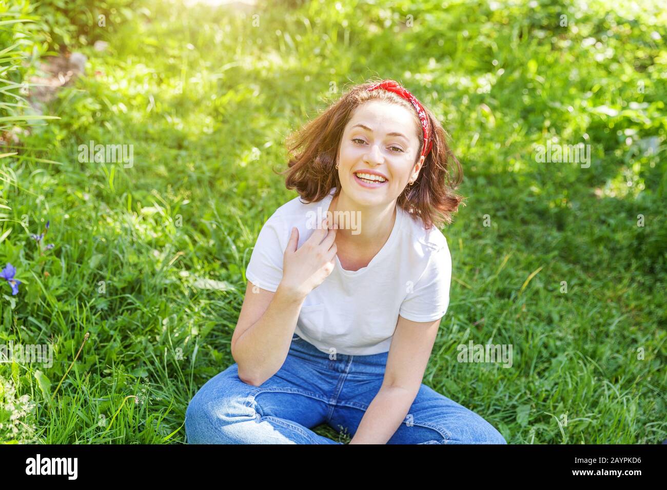 Happy girl smiling outdoor. Beautiful young brunete woman with brown ...