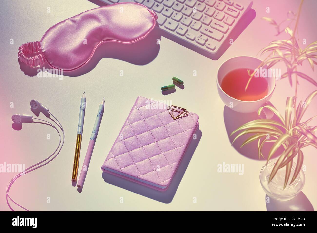 Healthy night sleep creative concept in pink and green. Sleep mask ...