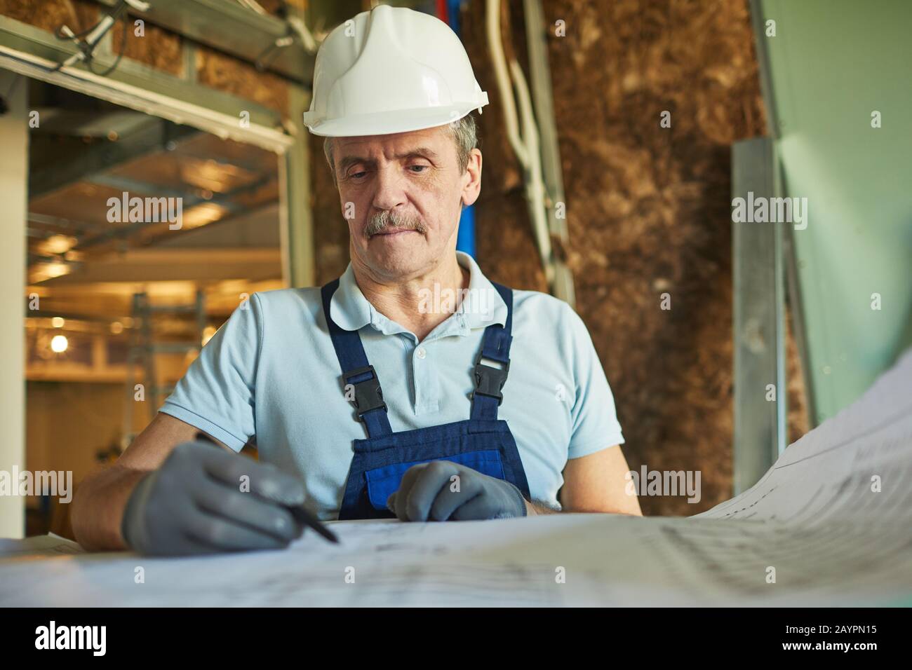 Waist up portrait of senior construction worker wearing hardhat while ...