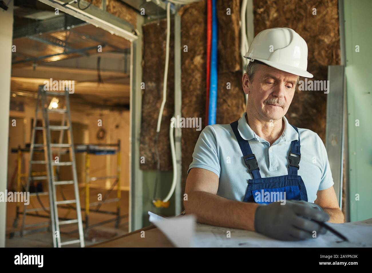 Waist up portrait of senior construction worker wearing hardhat and ...