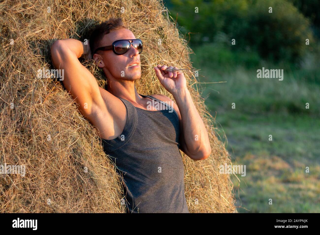 The man in the field, worth the haystack at sunset Stock Photo - Alamy