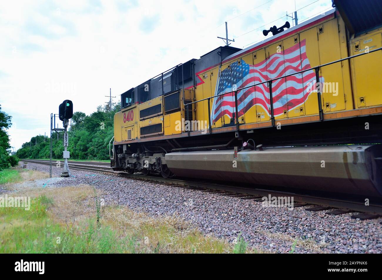 Elburn, Illinois, USA. Union Pacific locomotive leading a freight train ...