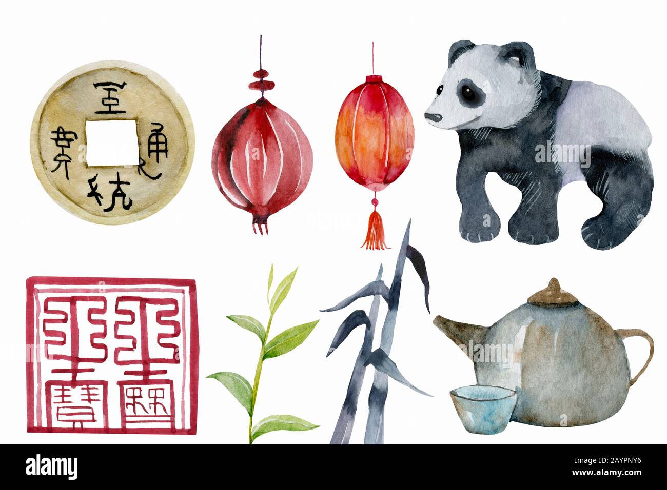 Watercolor Chinese elements on a white background Stock Photo - Alamy