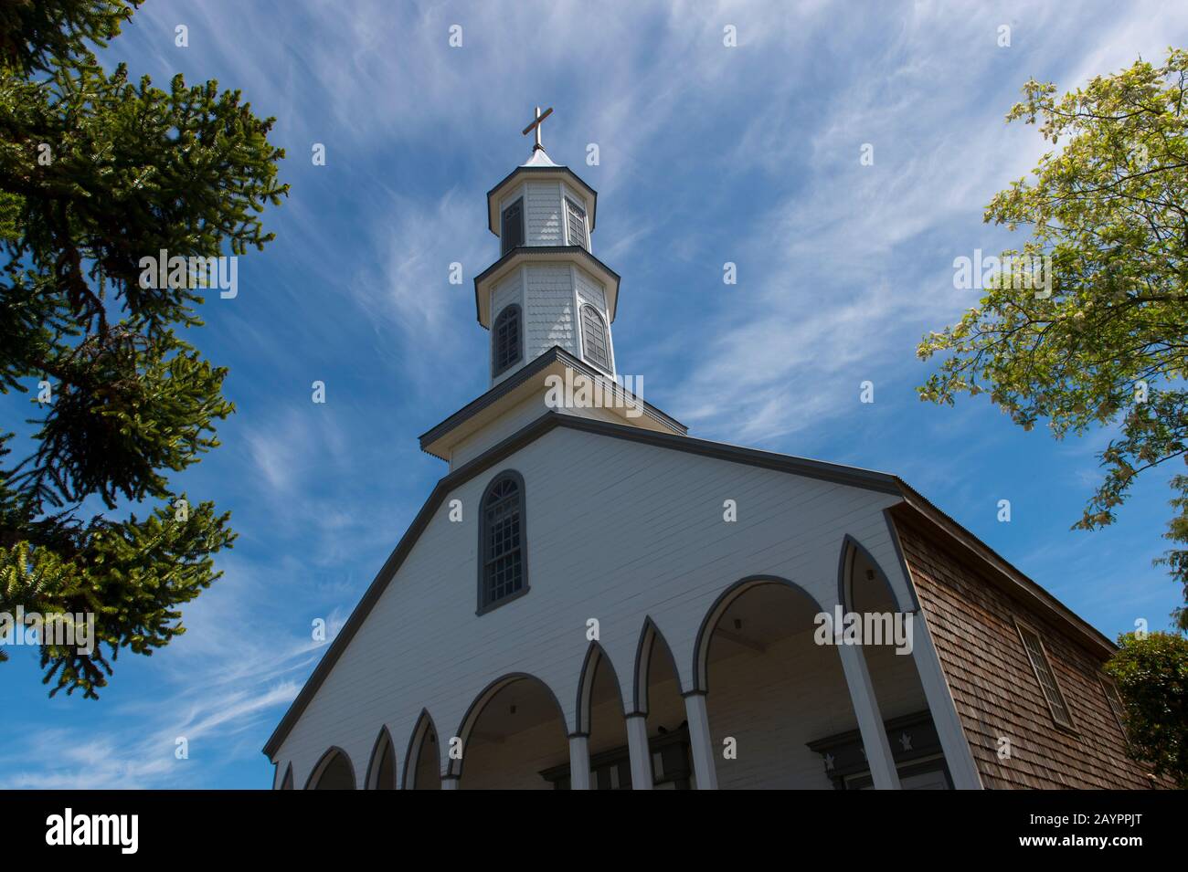 The church (1750-1790) in Dalcahue, a UNESCO World Heritage Site, is ...