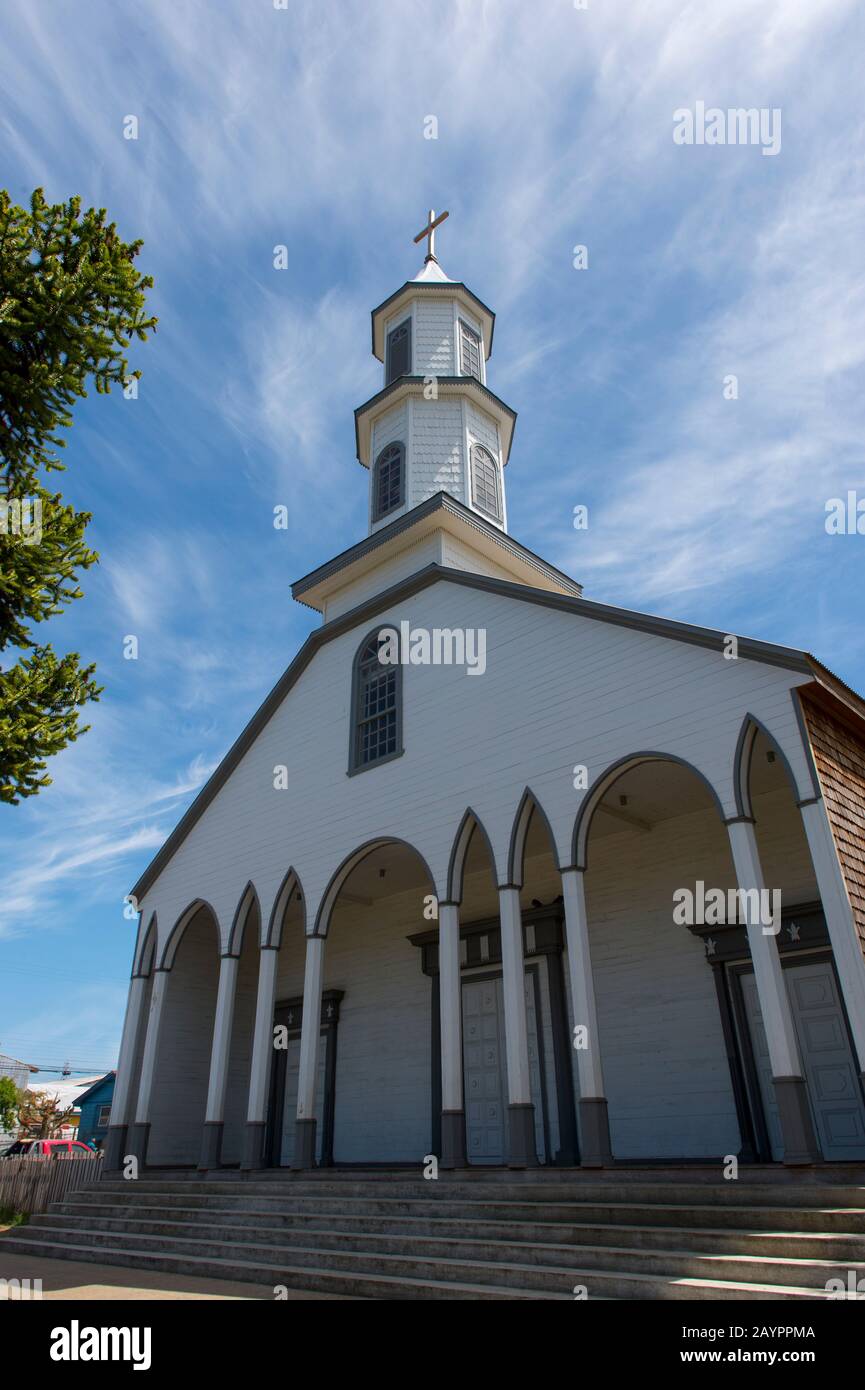 The church (1750-1790) in Dalcahue, a UNESCO World Heritage Site, is ...