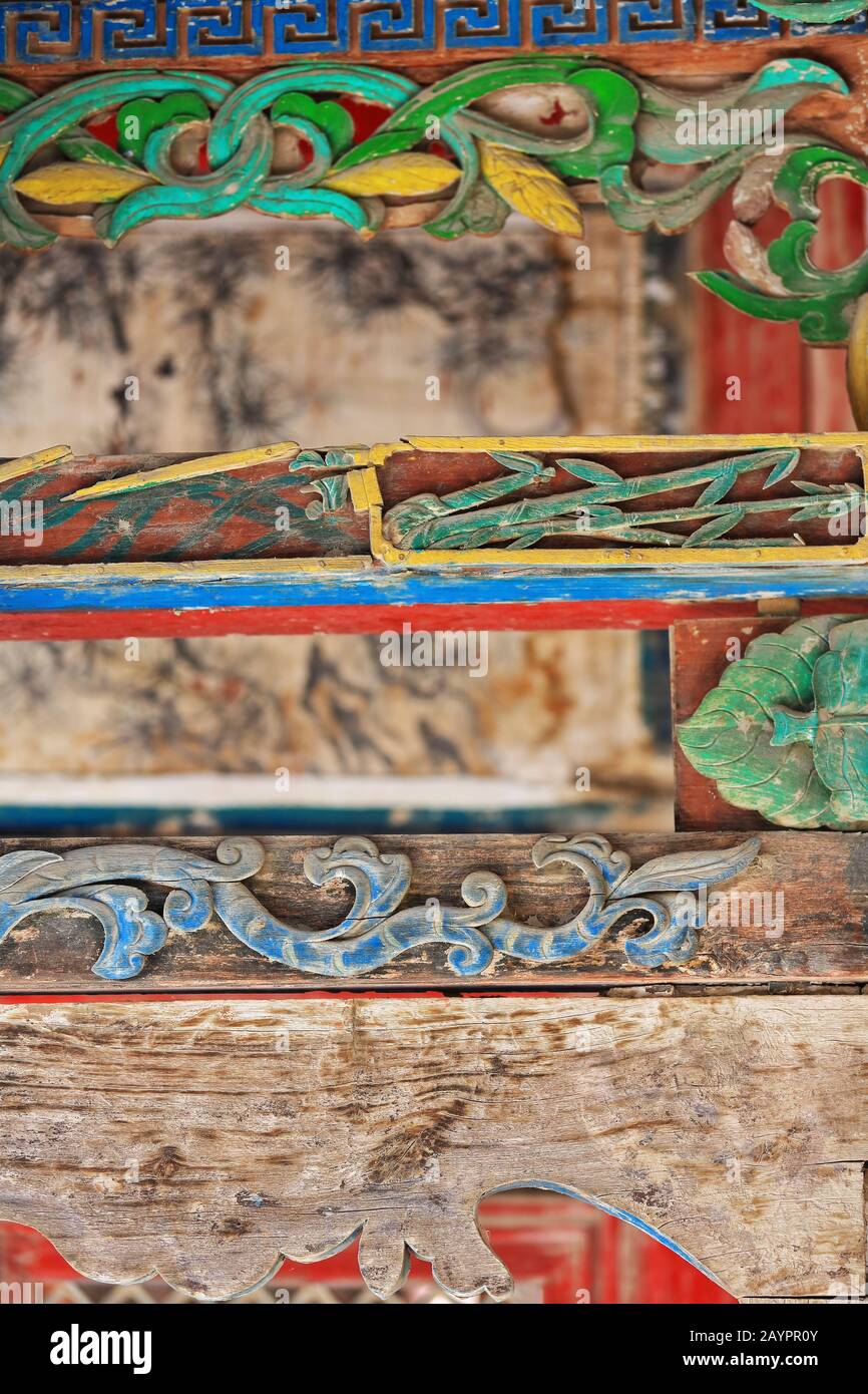 Polychrome structural timber beams-wooden porch. Yulin Buddhist caves ...