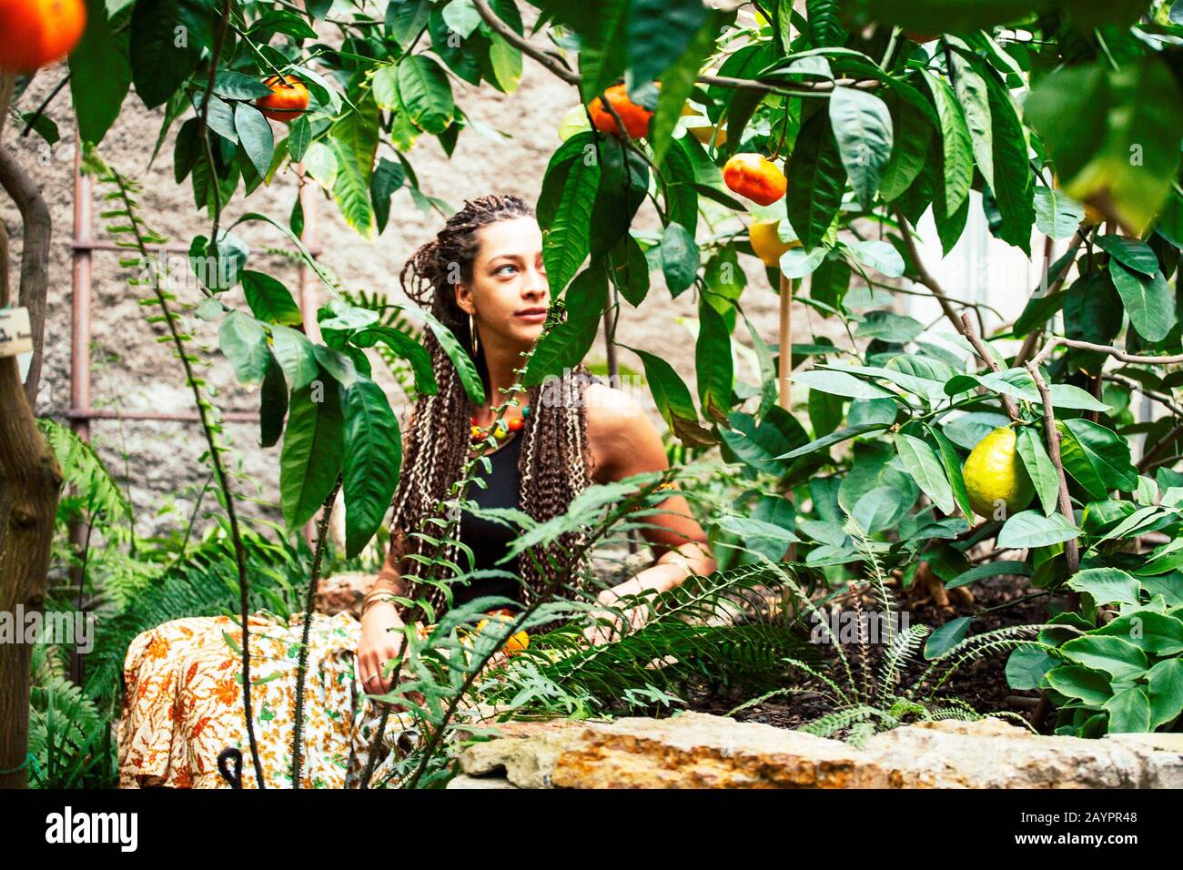 pretty islam woman in orange grove smiling, real muslim girl cheerful ...