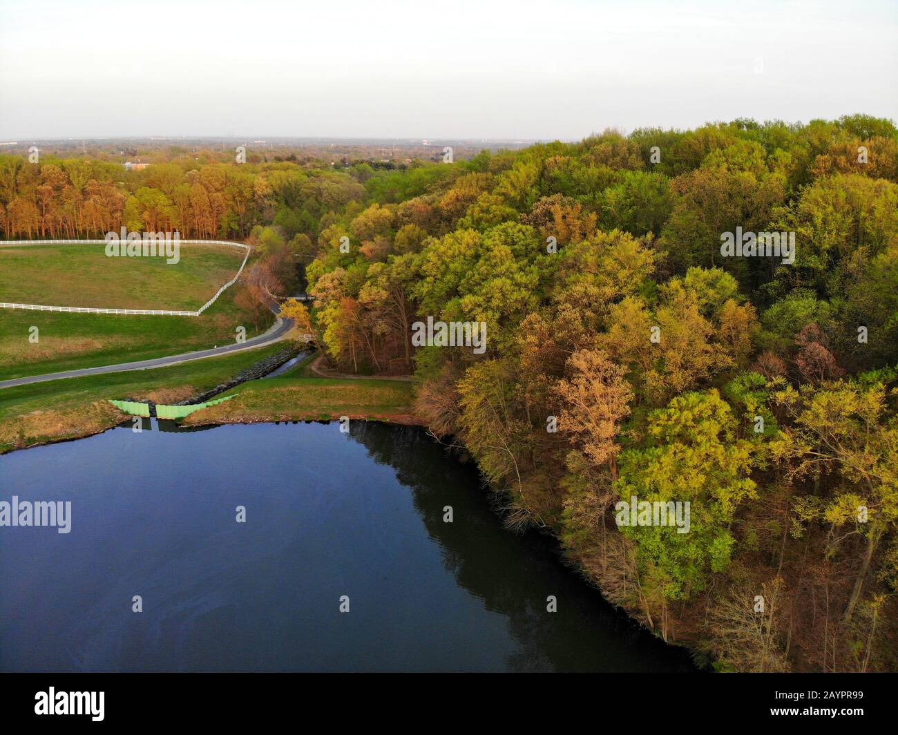 The aerial view of the pond near Carousel Park, Pike Creek, Delaware, U ...
