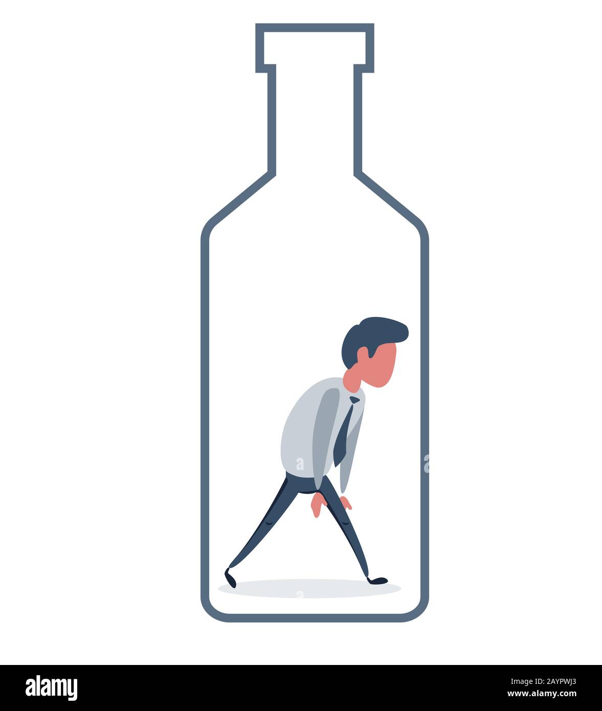 Alcohol and addiction, Young male character trapped inside a bottle ...
