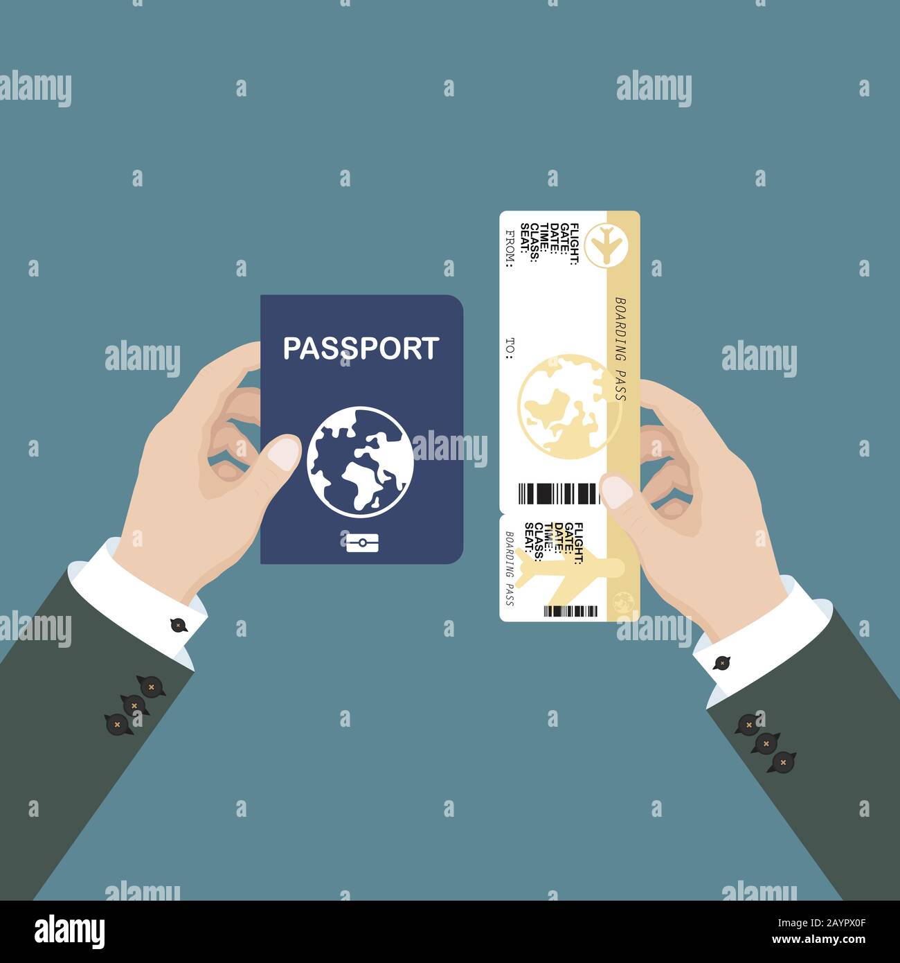 Passport and boarding pass in businessman hands vector illustration in ...