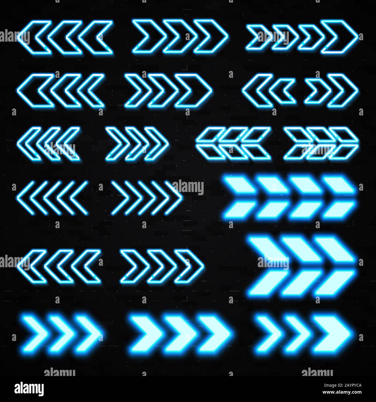 Blue neon 3d arrows set on black brick wall background. Shining led ...