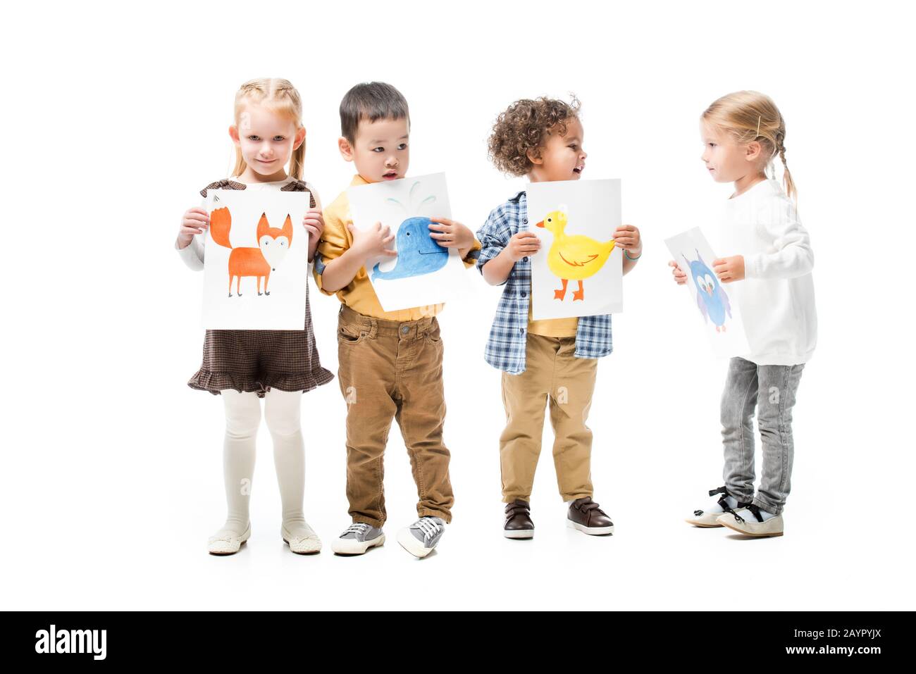multicultural kids holding paintings, isolated on white Stock Photo - Alamy
