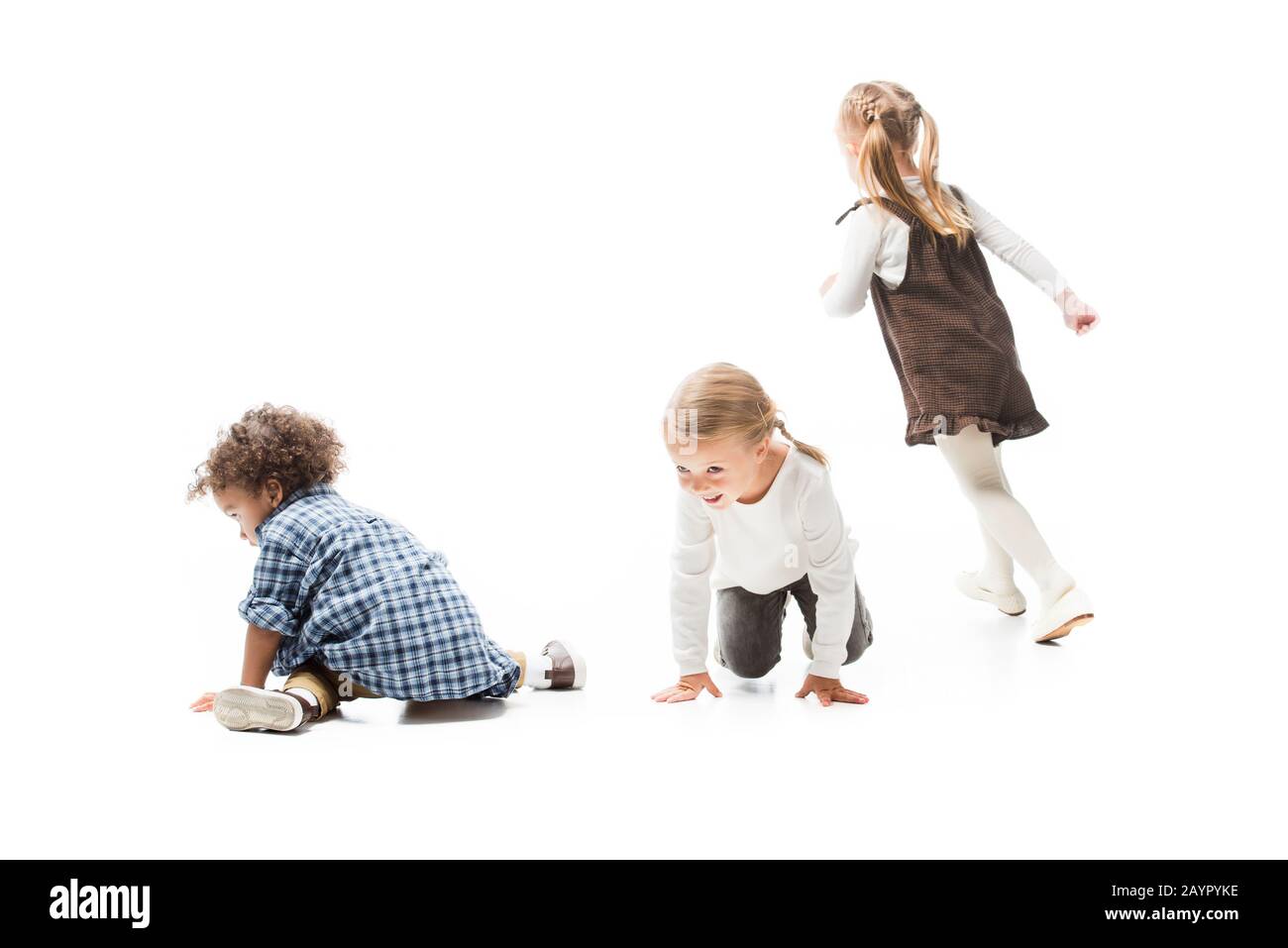 funny multicultural children playing together, isolated on white Stock ...