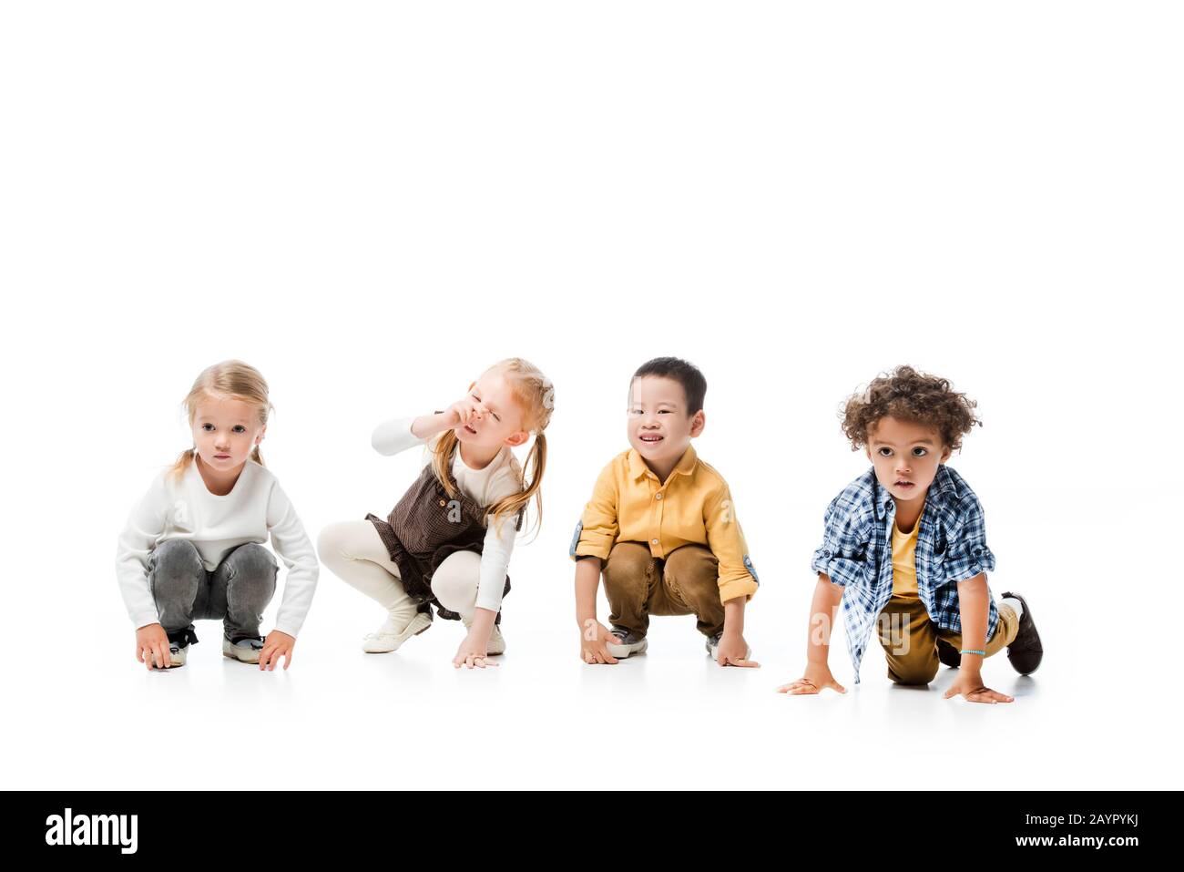 emotional multicultural kids playing isolated on white Stock Photo - Alamy