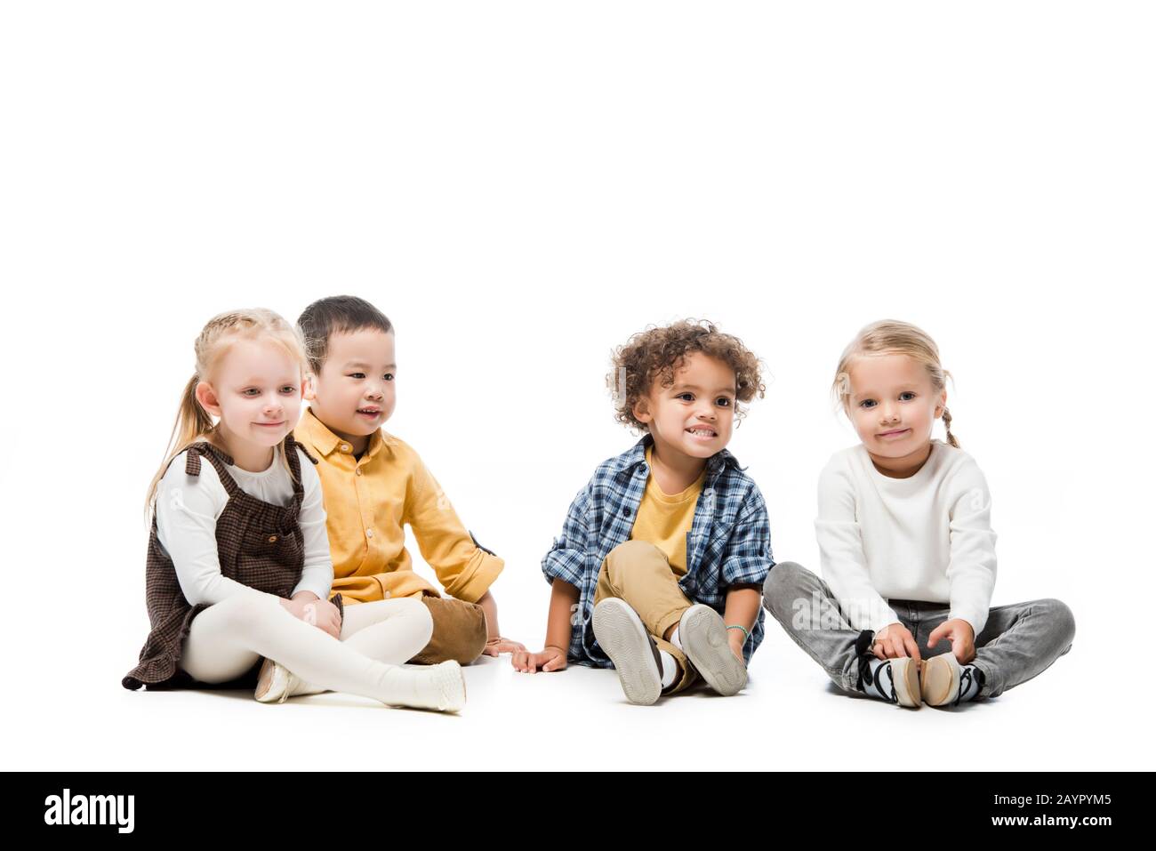 cute multicultural kids sitting together on white Stock Photo - Alamy