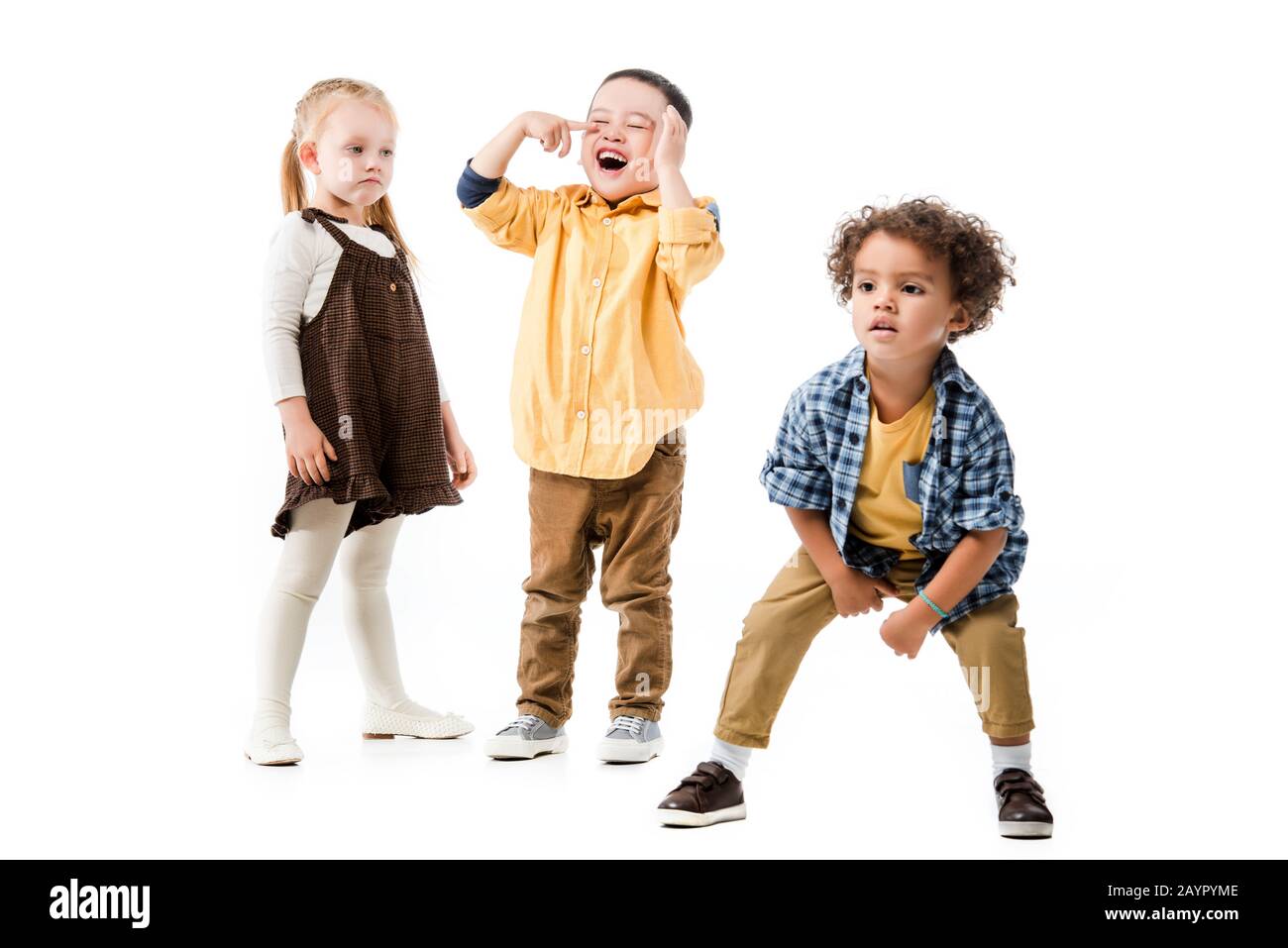 emotional multicultural children playing together, isolated on white ...