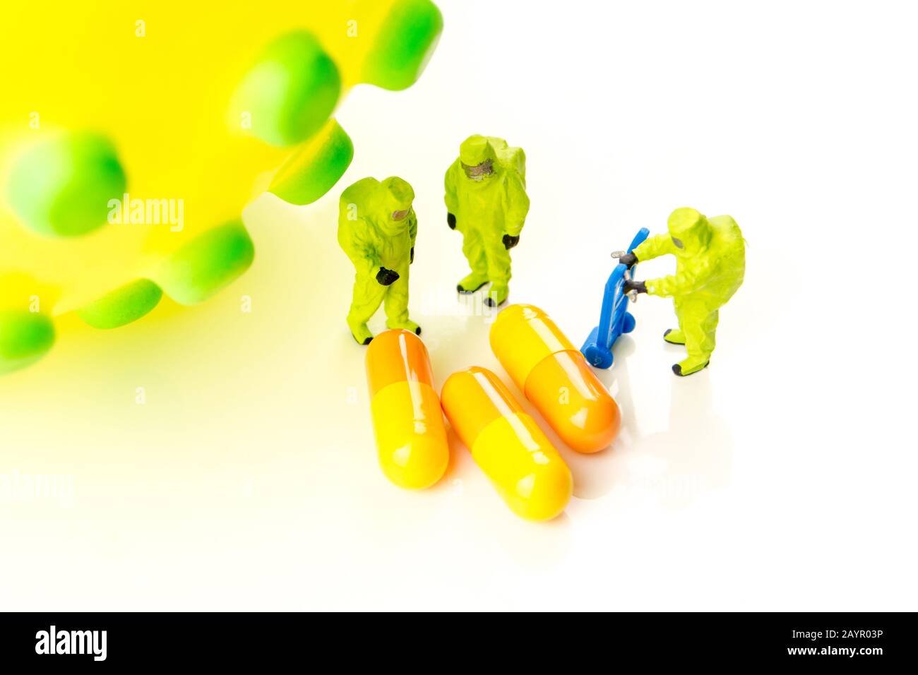 closeup of big corona virus with a team of special medical forces ...