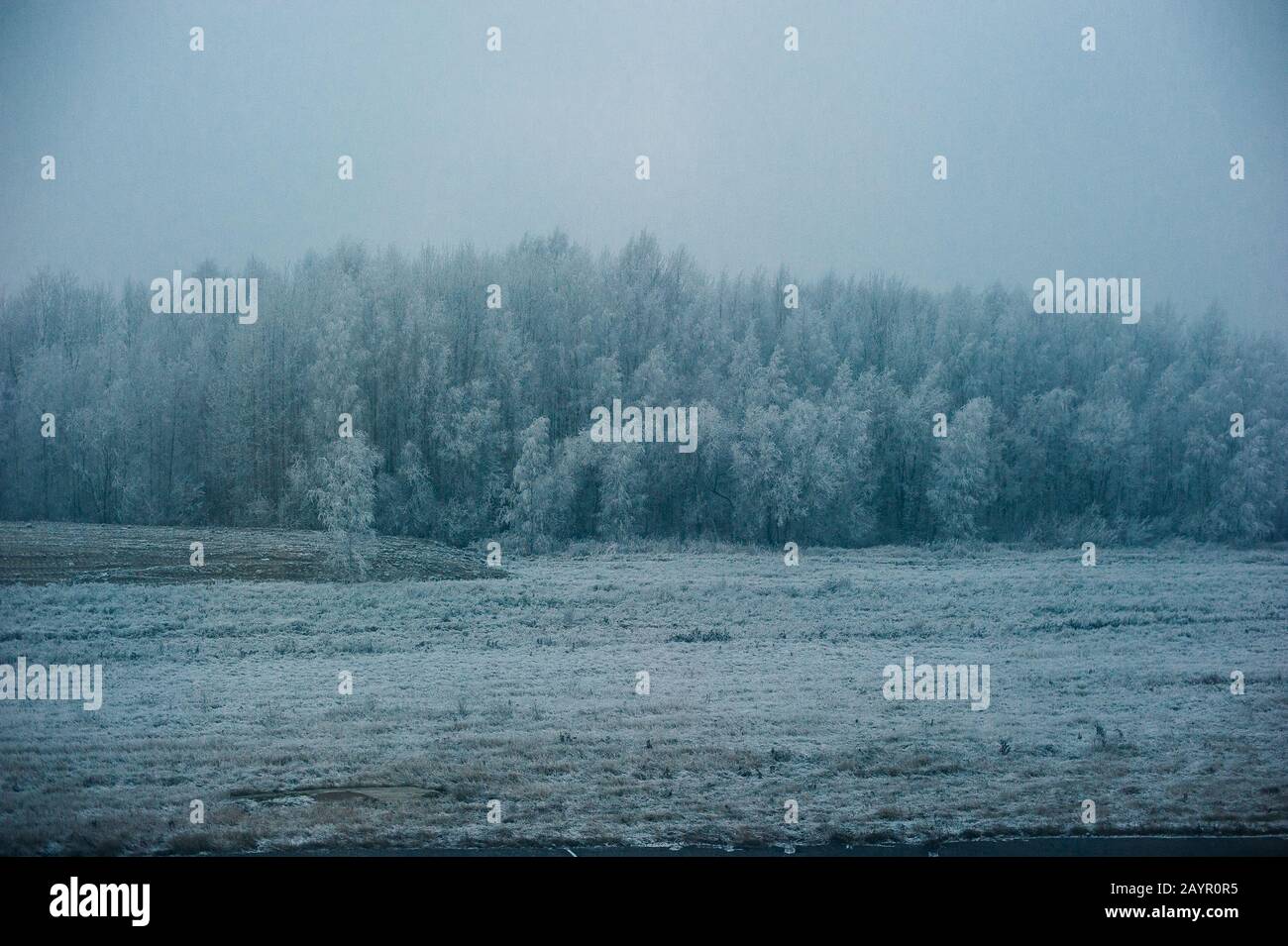Airport and winter runway, view from a height to a snow-covered ...