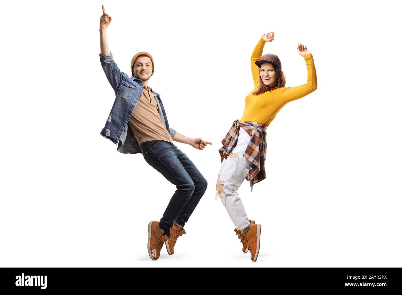 Full length shot of a young people dancing isolated on white background ...
